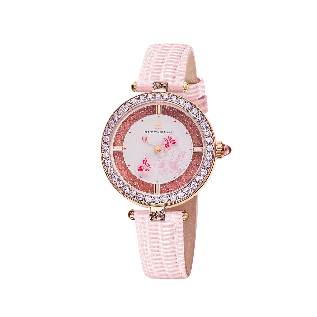 Butterfly Lovers Watch | Butterfly Hands Pink Leather Strap Watch | 4B