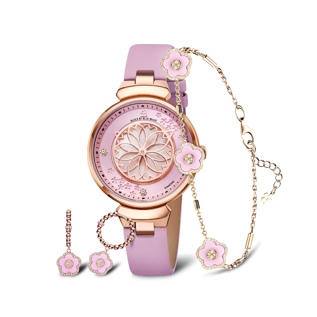 Pink Cherry Blossom Diamond Watch With Flower Ceramic Jewelleries (Ear